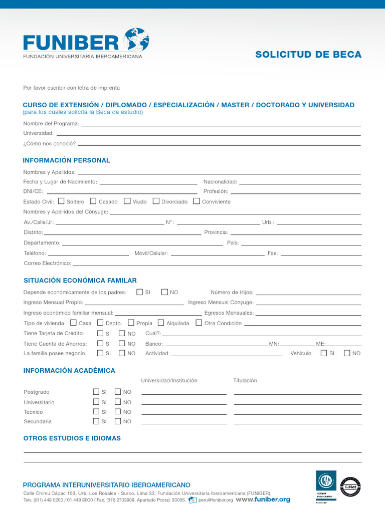 Formulario de Solicitud de Beca FUNIBER | PDF