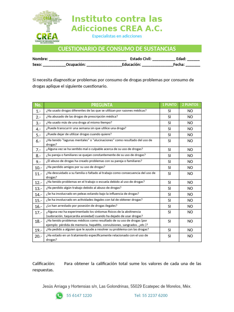 Cuestionario de Consumo de Sustancias | PDF | La dependencia de sustancias | Drogas