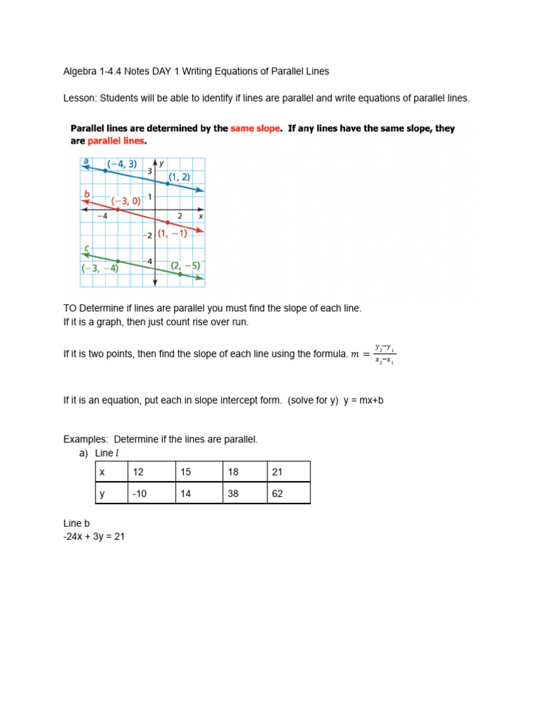 4.4 NOTES DAY 1 Writing Equations of Parallel Lines | PDF