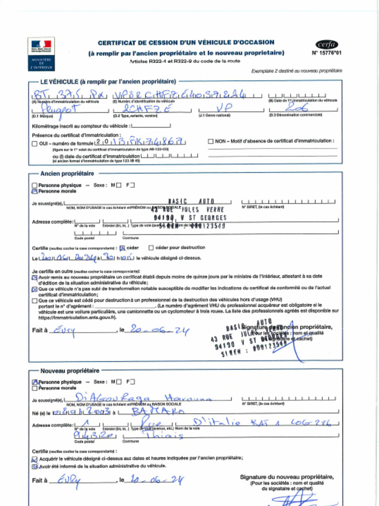 Certificat de Session D'un Véhicule | PDF