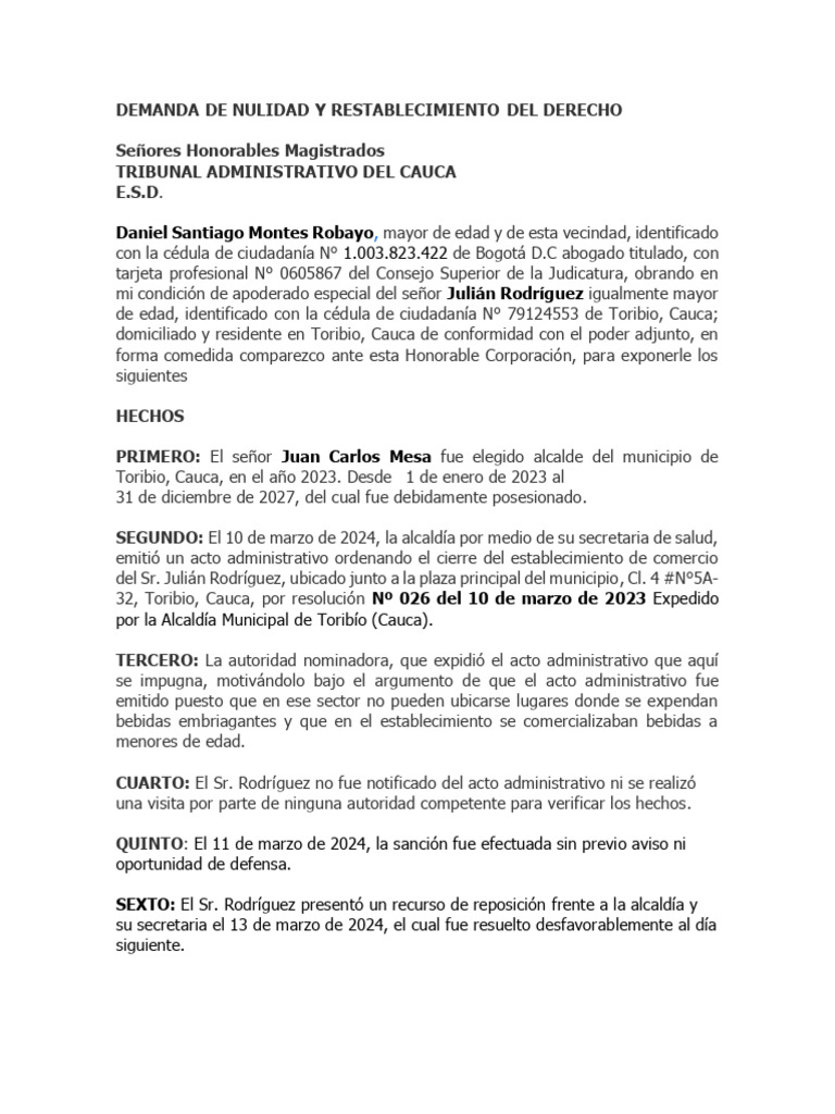 Demanda de Nulidad y Restablecimiento Del Derecho - GRUPO 5 | PDF | Debido al proceso | Ley ...