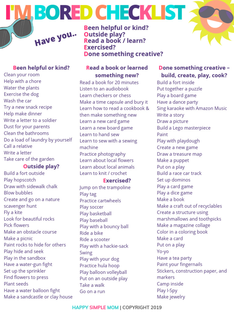 I'm Bored Checklist - Happy Simple Mom | PDF | Home & Garden