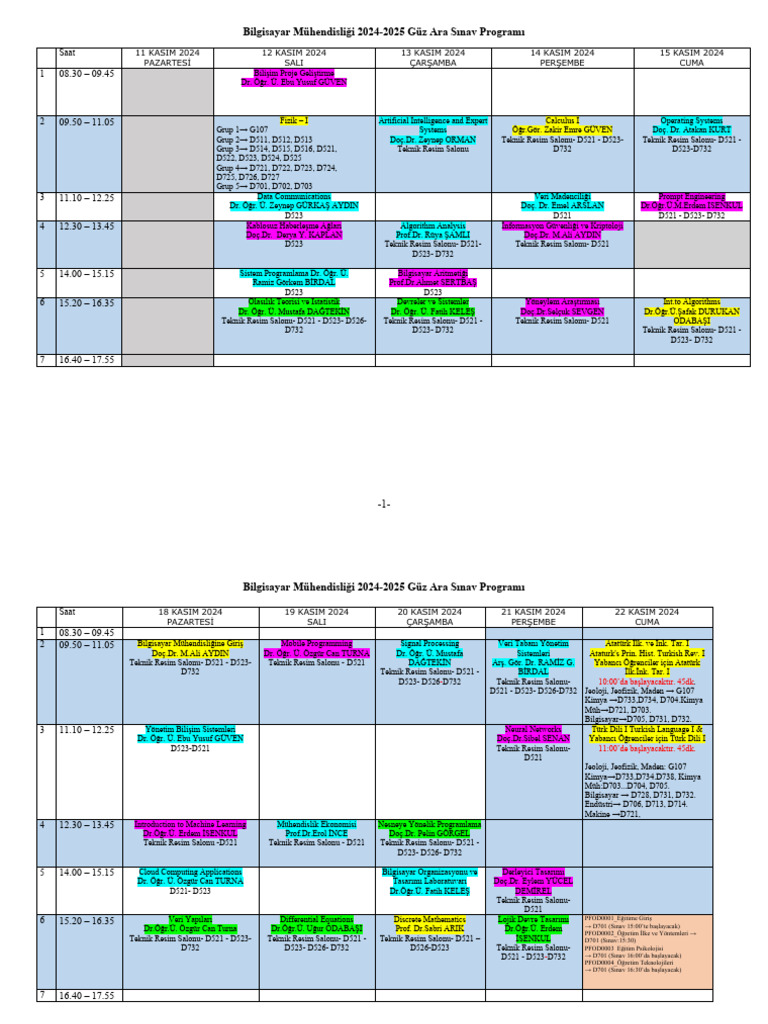 Bilgisayar Mühendisliği 2024 2025 Güz Ara Sinav Programi | PDF