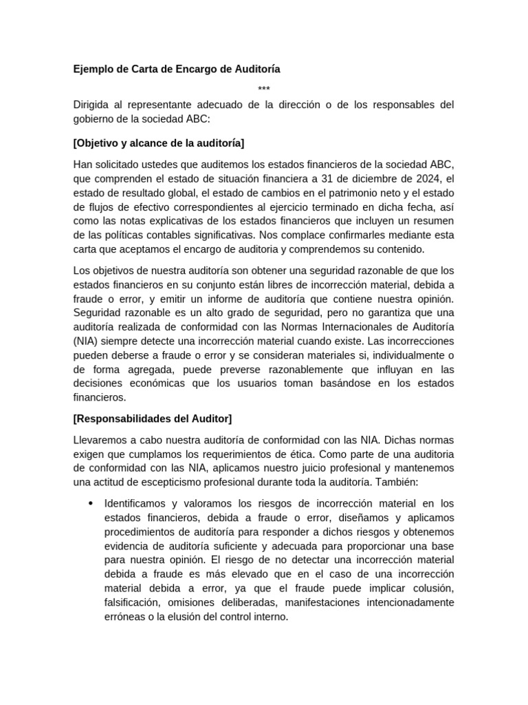 NIA 210 Ejemplo Carta de Encargo | PDF | Auditoría | Estado financiero