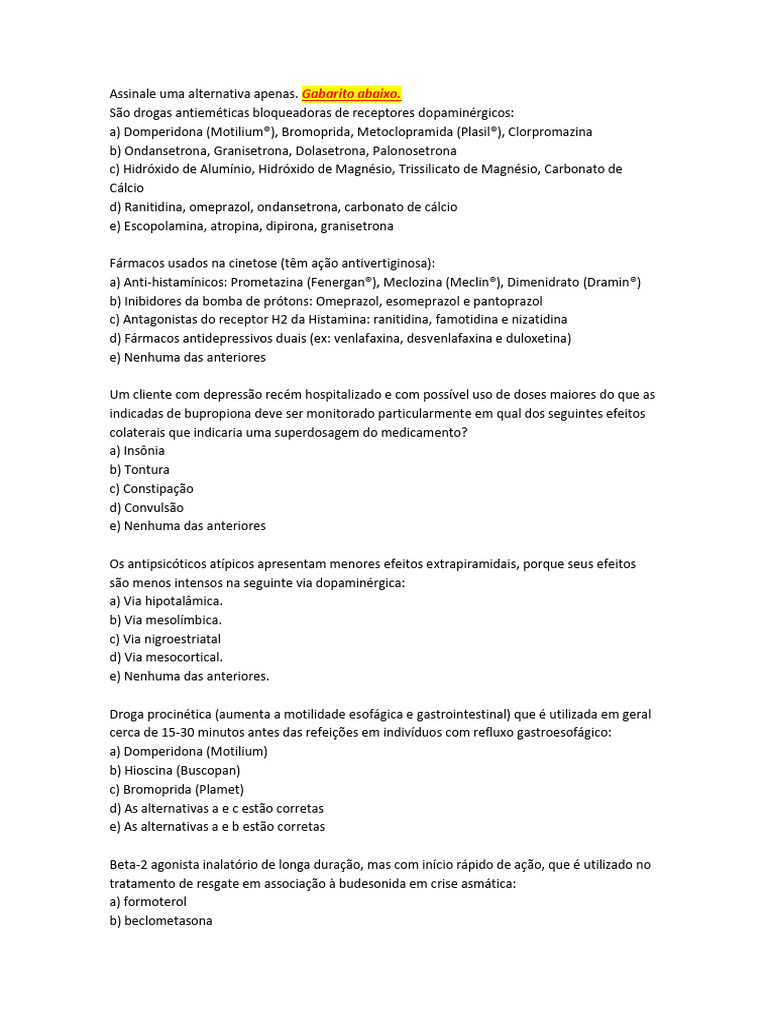 EXFix Com GABARITO-2024 | PDF | Antipsicótico | Drogas