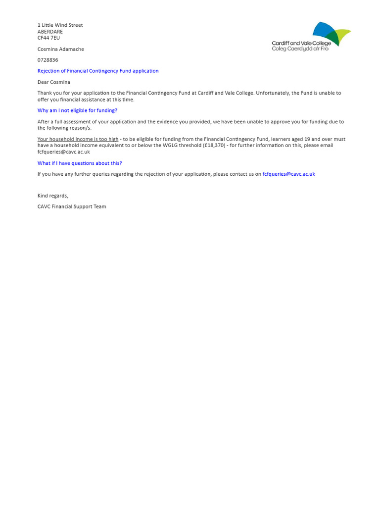 Financial Contingency Fund Rejection Notice | PDF | Finance & Money ...
