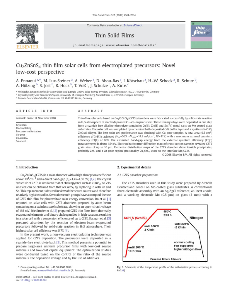 Cu2ZnSnS4 Thin Film Solar Cells From Electroplated Precursors KCN | PDF | Scanning Electron ...