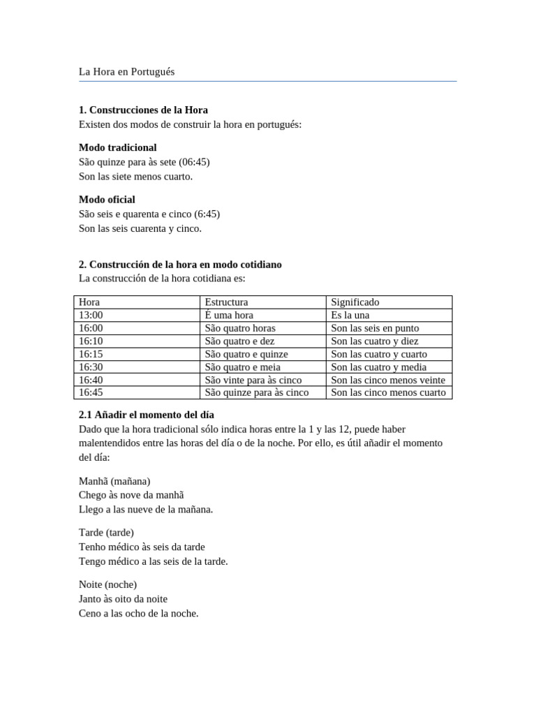 Cómo Decir la Hora en Portugués | PDF