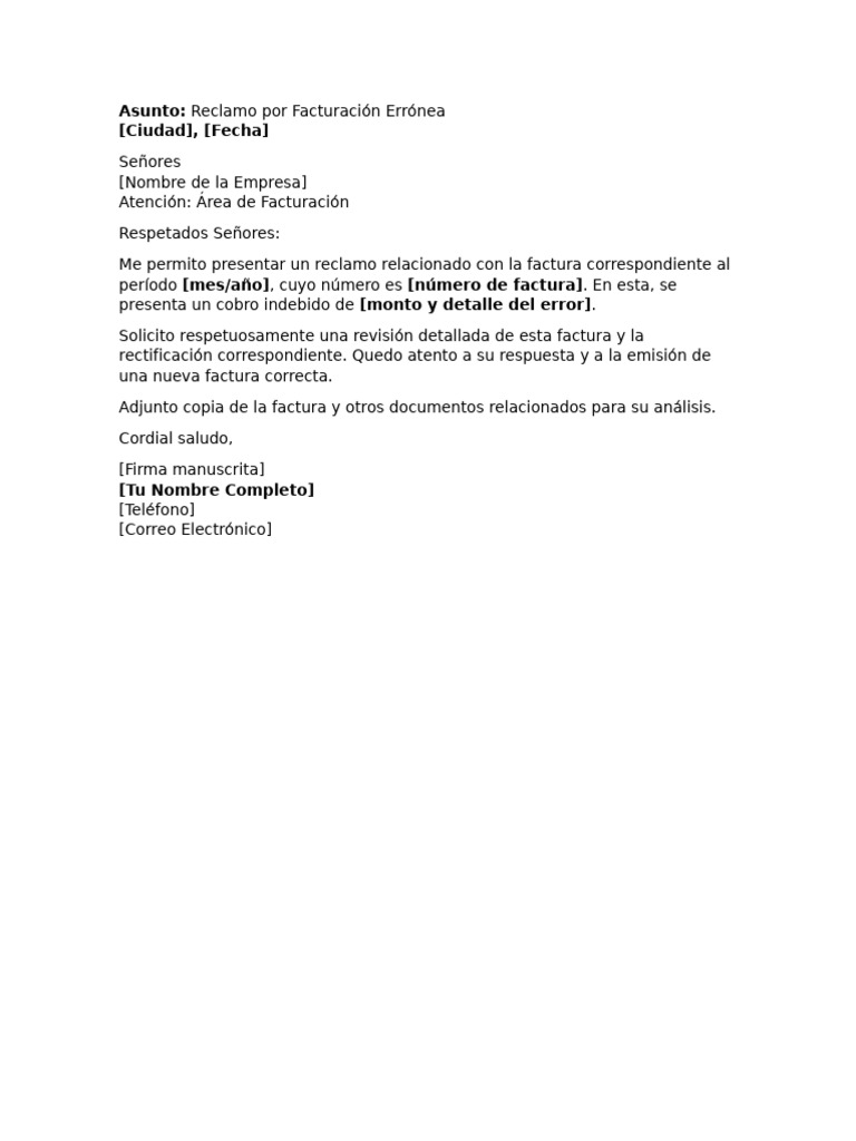 Carta de Reclamo Por Facturación Incorrecta | PDF