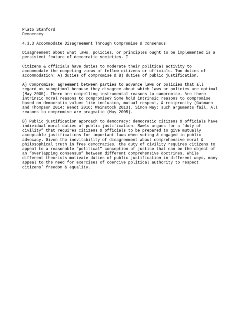 Accommodate Disagreement Via Compromise & Consensus (Plato Stanford ...
