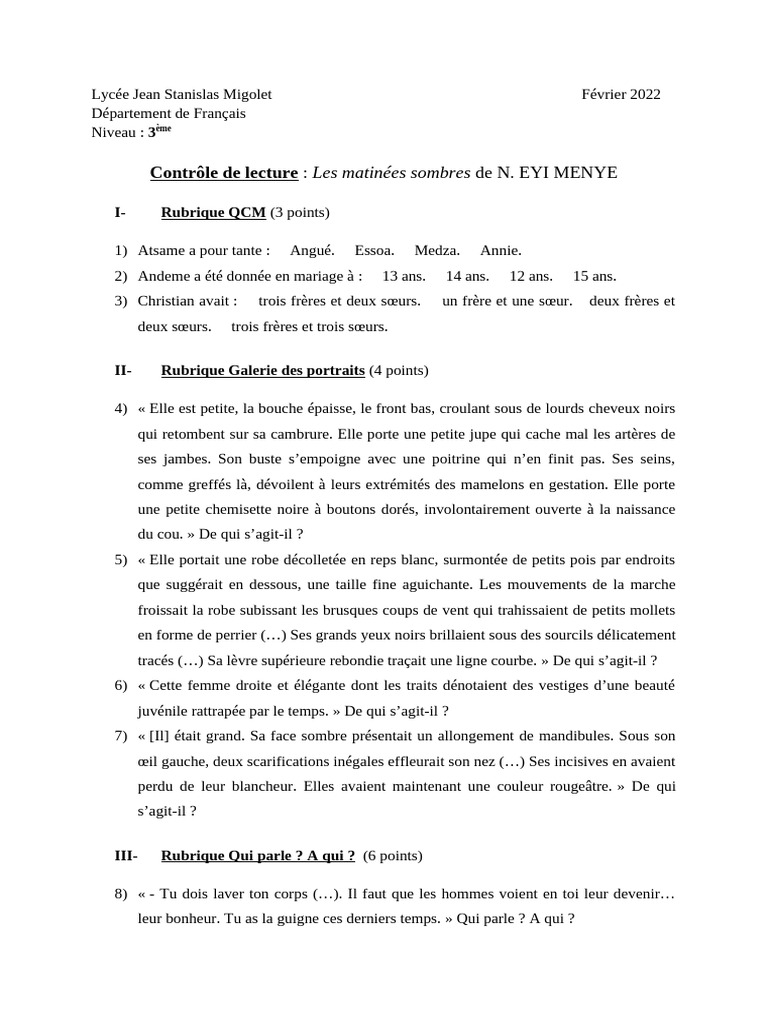 Contrôle de lecture : Les matinées sombres | PDF