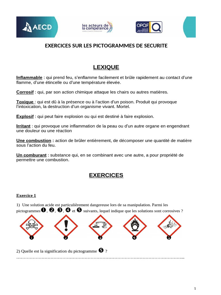 Exercices sur les pictogrammes de sécurité | PDF | Blanchiment (chimie ...