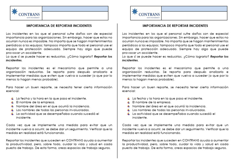 Importancia de Reportar Incidentes | PDF | Seguridad y salud ocupacional