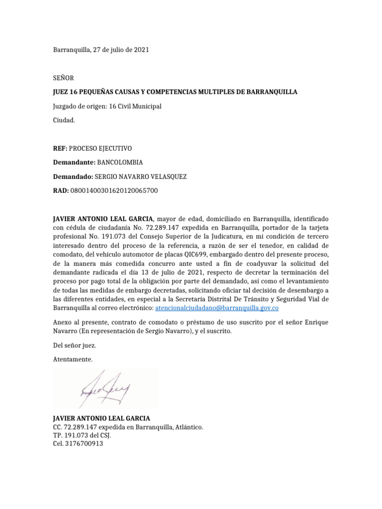 Solicitud Oficio Desembargo, Bancolombia Vs Sergio Navarro | PDF