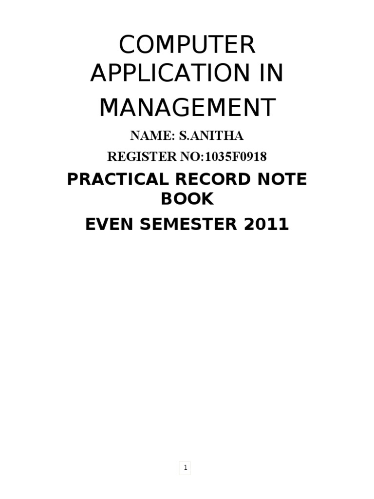 Computer Application in Management: Practical Record Note Book Even ...