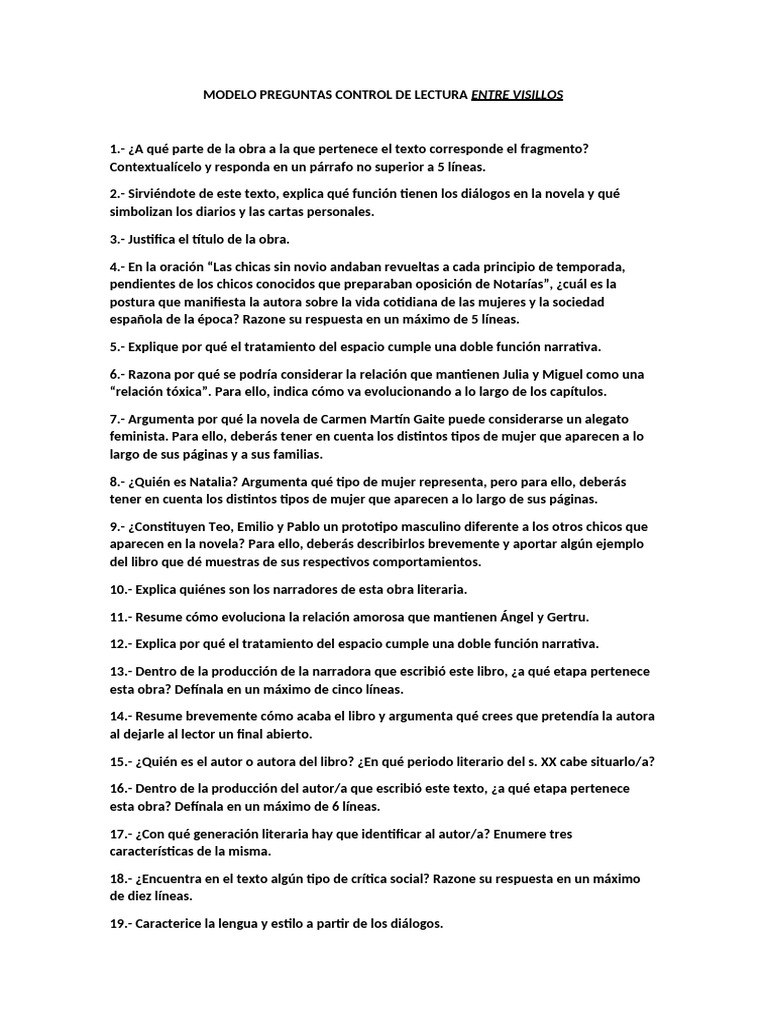 MODELO PREGUNTAS CONTROL DE LECTURA ENTRE VISILLOS | PDF | Novelas | Autor