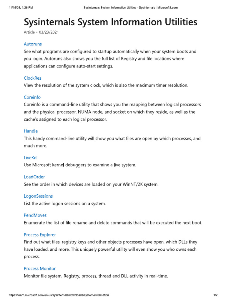 Sysinternals System Information Utilities | PDF