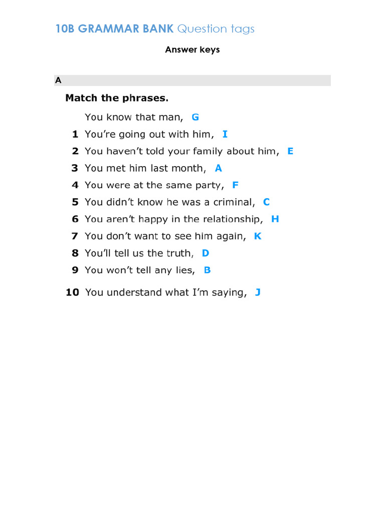 10b Grammar Bank Answer Keys | PDF
