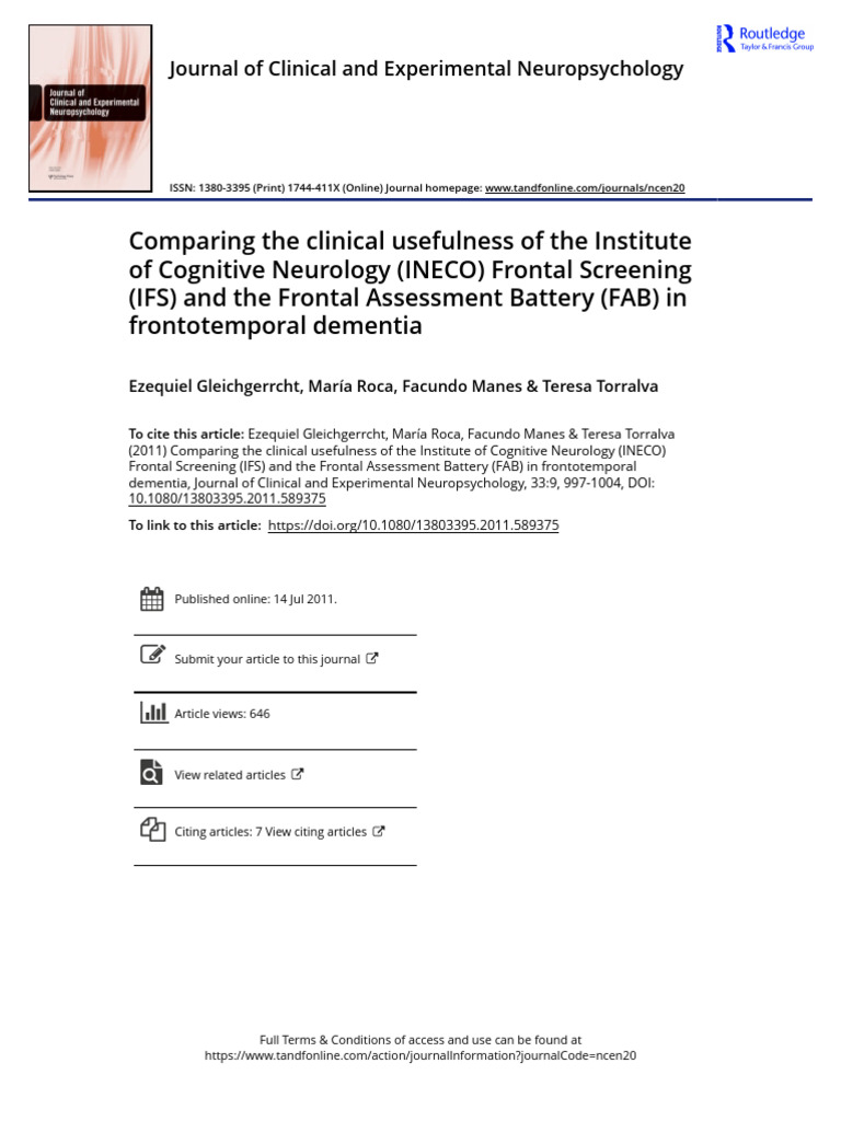 Comparing The Clinical Usefulness Of The Institute Of Cognitive Neurology Ineco Frontal