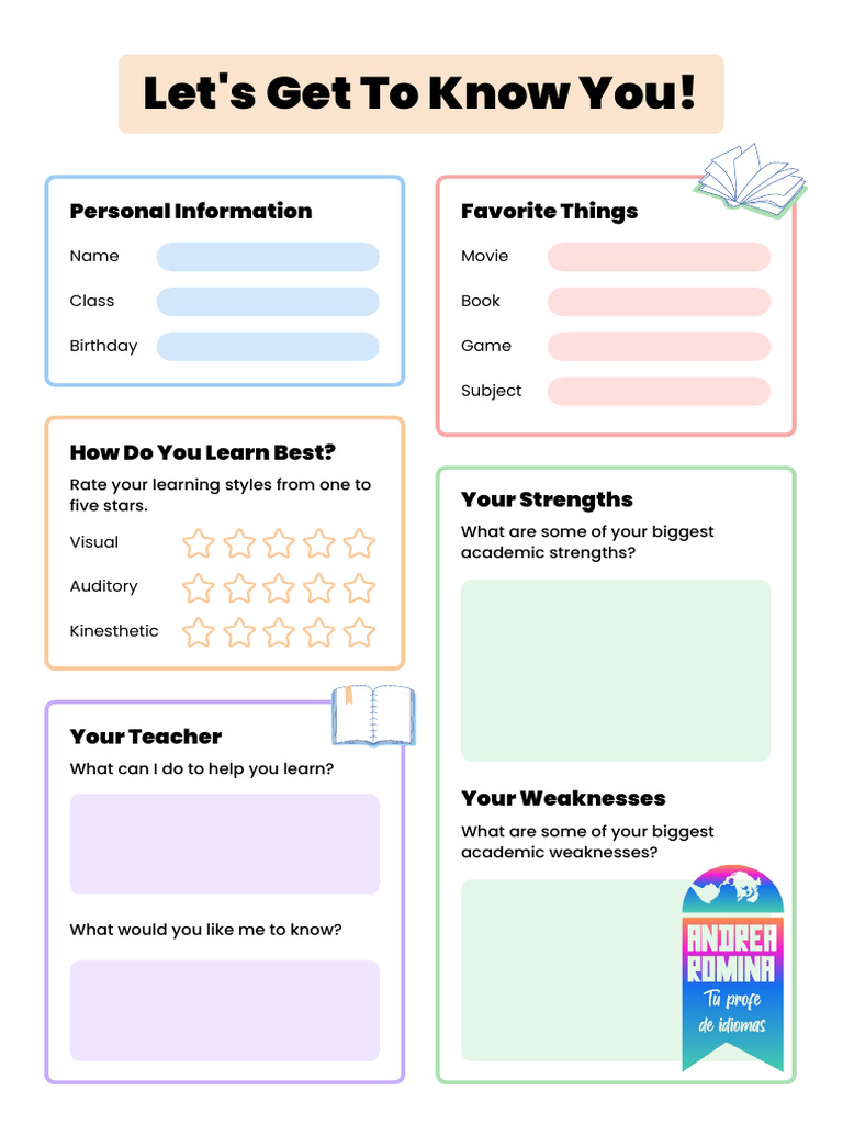 Colorful Pastel Simple Illustrative Get To Know You Worksheet | PDF