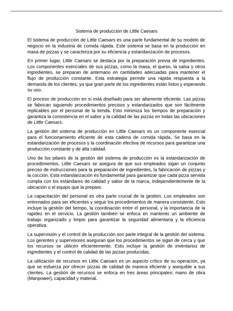 Sistema de Producci N de Little Caesars | PDF | Calidad (comercial) | Alimentos