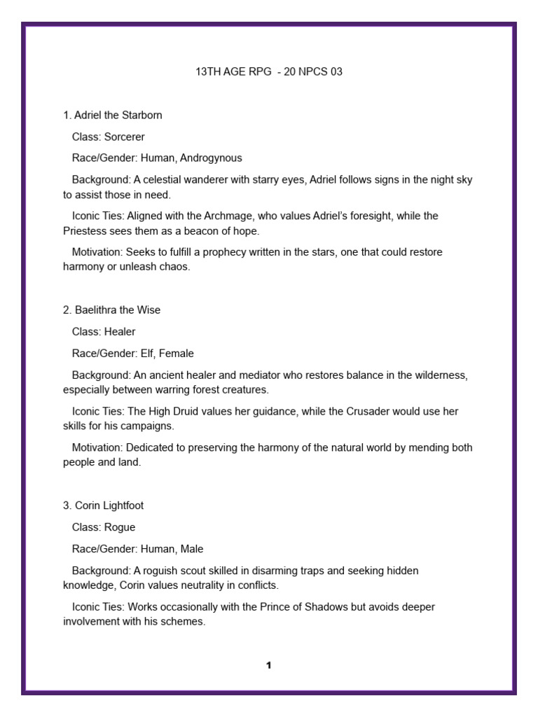 13th Age RPG - 20 Npcs 03 | PDF | General Fiction