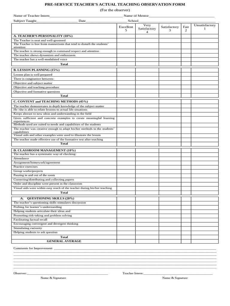 Pre Service Teachers Actual Teaching Observation Form | PDF | Teachers ...