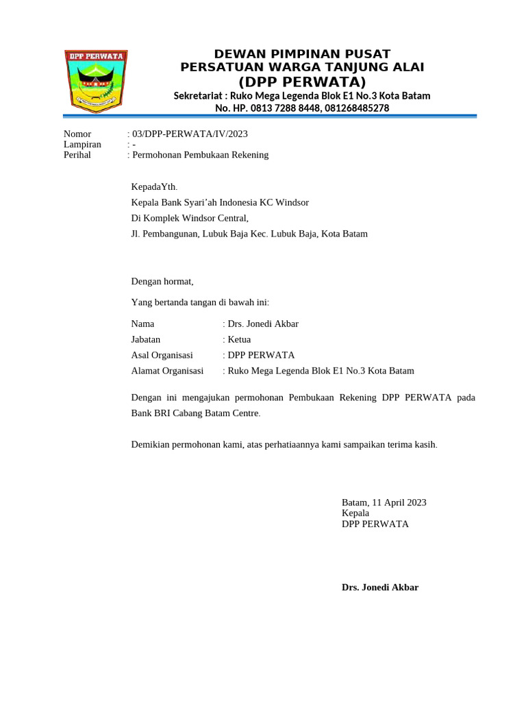 Permohonan Rekening DPP PERWATA Batam | PDF