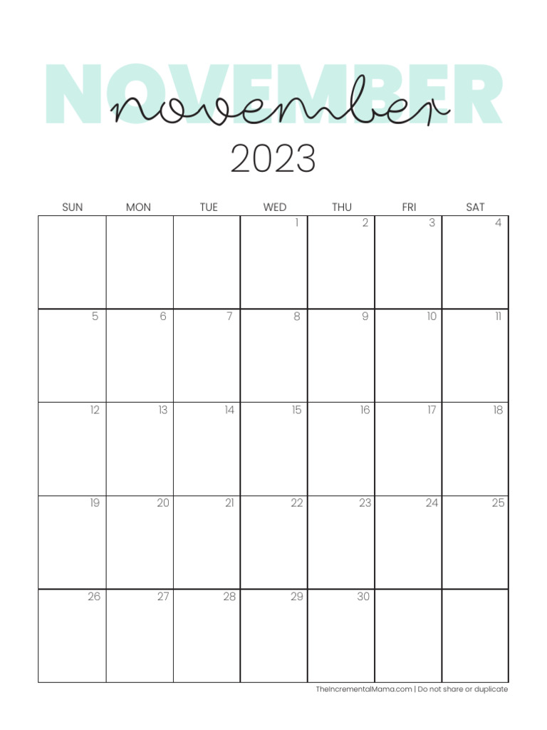 11 - November - 2023 Monthly Calendar Printables | PDF
