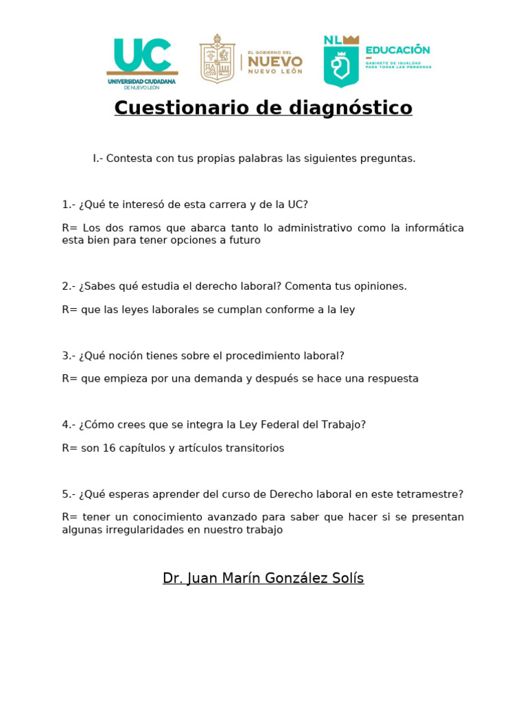 Cuestionario Diagnostico CHRISTOPHER ANTONIO MORALES GARCIA (JMGS) | PDF | Derecho