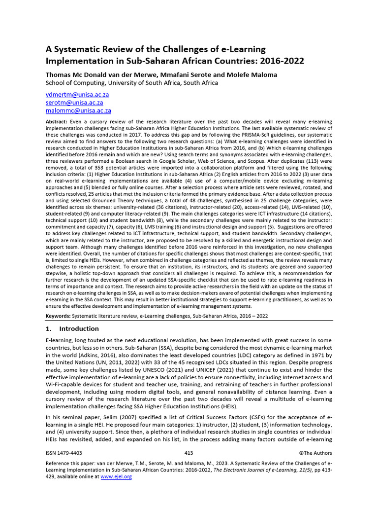 A Systematic Review of The Challenges of e Learning Implementation in Sub Sahara | PDF ...