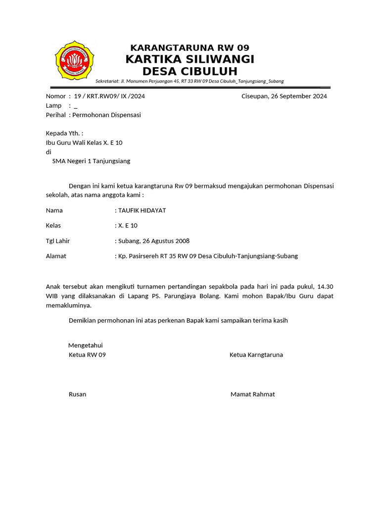 Contoh Surat Permohonan Dispensasi | PDF