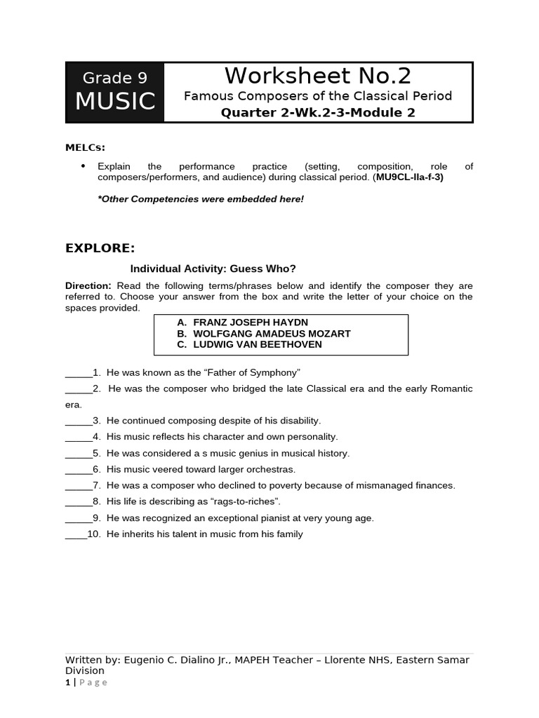 Q2 WK2 3 Worksheet2 MUSIC | PDF | Classical Period (Music) | Ludwig Van Beethoven