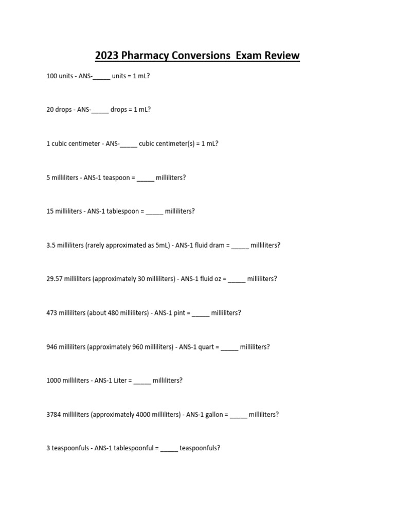2023 Pharmacy Conversions Exam Review | PDF