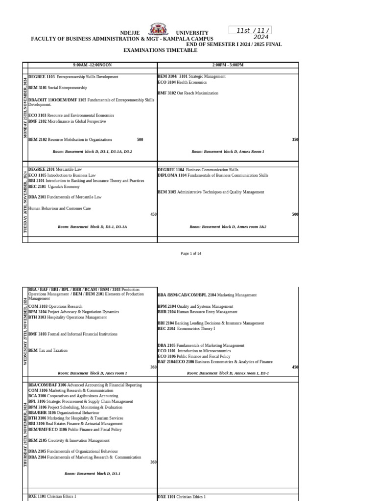 2024 2025 Final Examinations Timetable Numbers 11.11.2024 | PDF ...