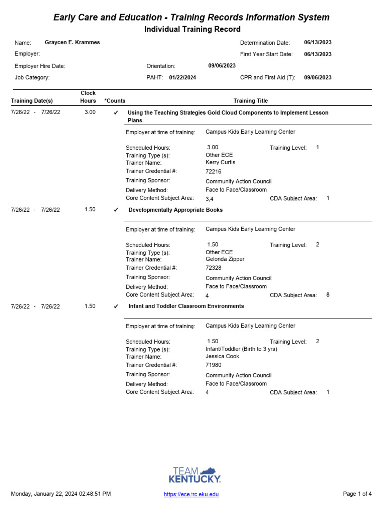 Graycen Krammes ECE Training Record | PDF | Preschool | Child Care