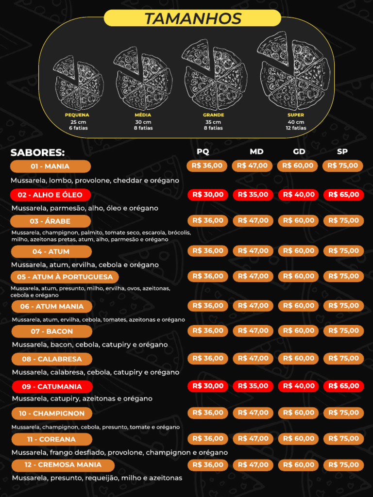 Cardápio da Pizzaria Mania | PDF | Alimentos | Ingredientes de alimentos