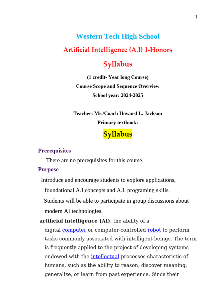 01-Syllabus - Artificial Intelligence Honors - 8.26.24 | PDF ...