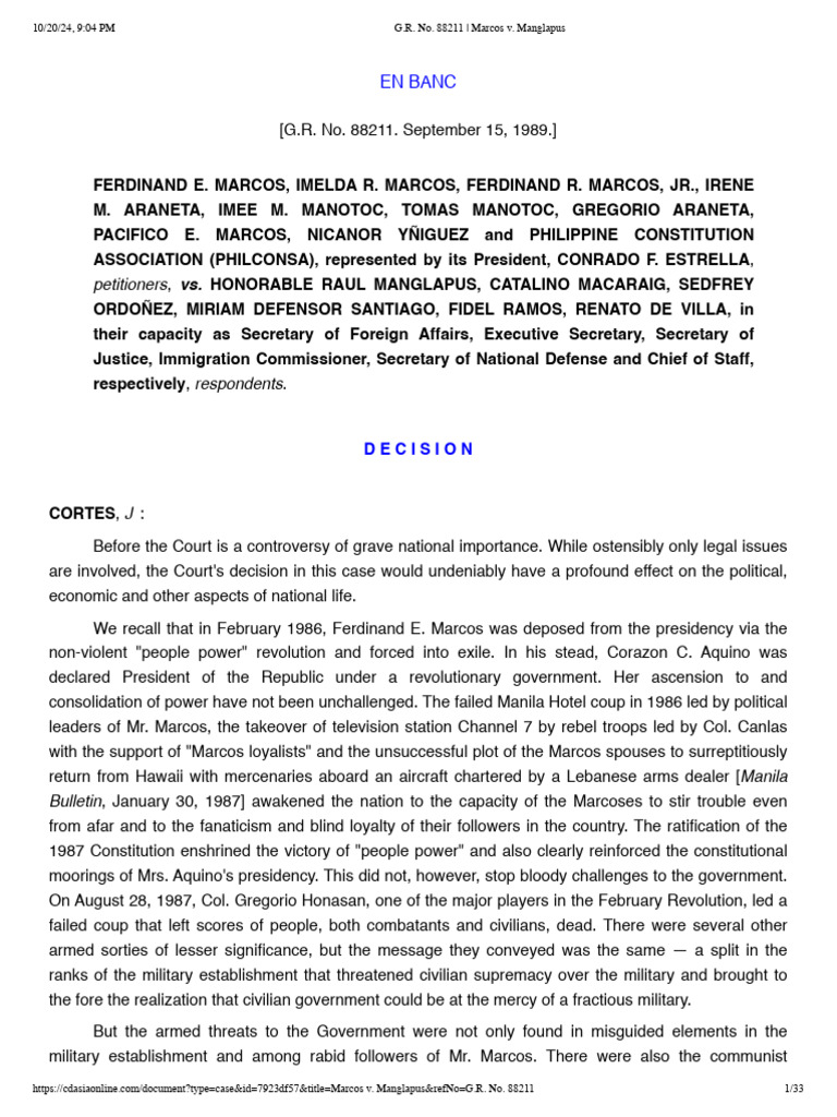 0230 Marcos v. Manglapus (31p) | PDF | Public Law | Political Science