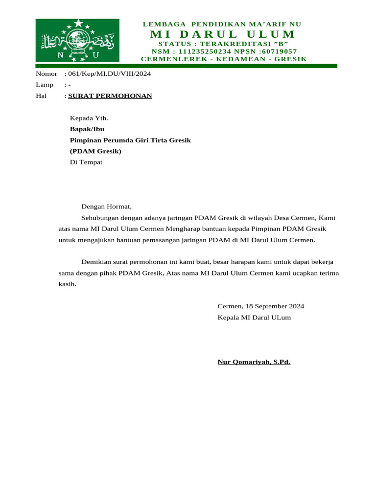 Surat Permohonan Pdam | PDF