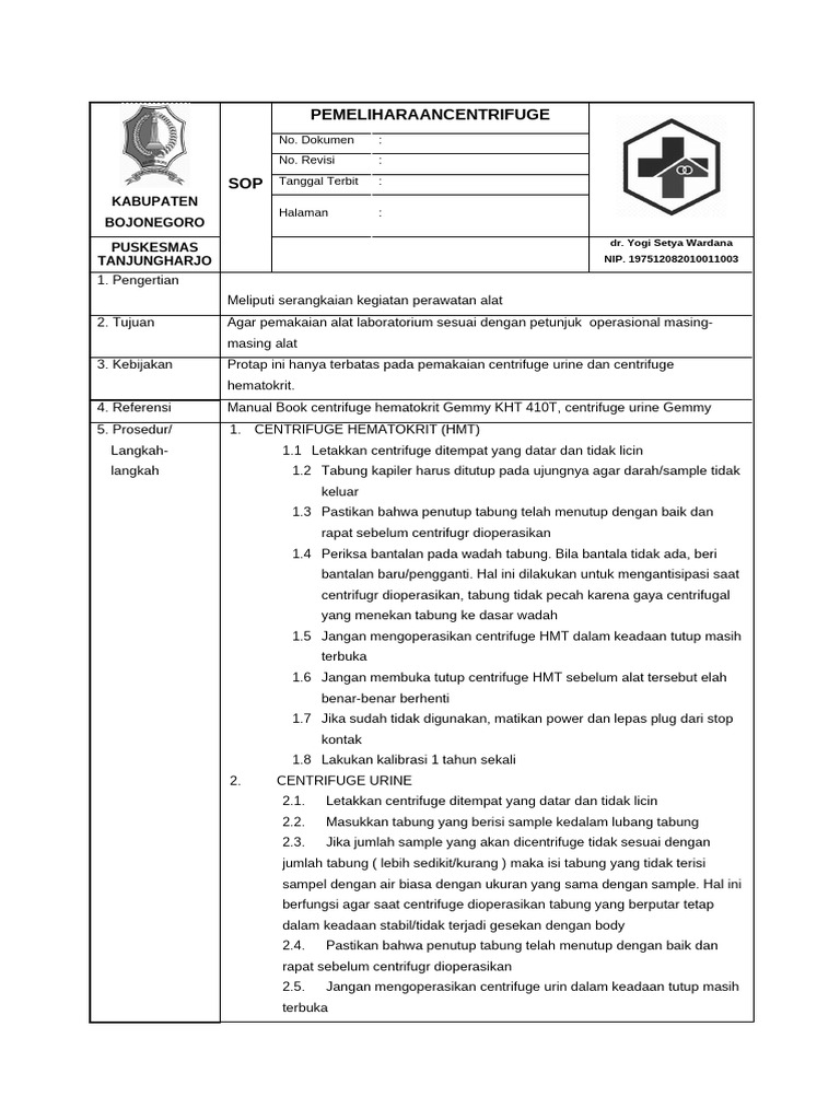 KOP SOP - Pemeliharaan Centrifuge | PDF