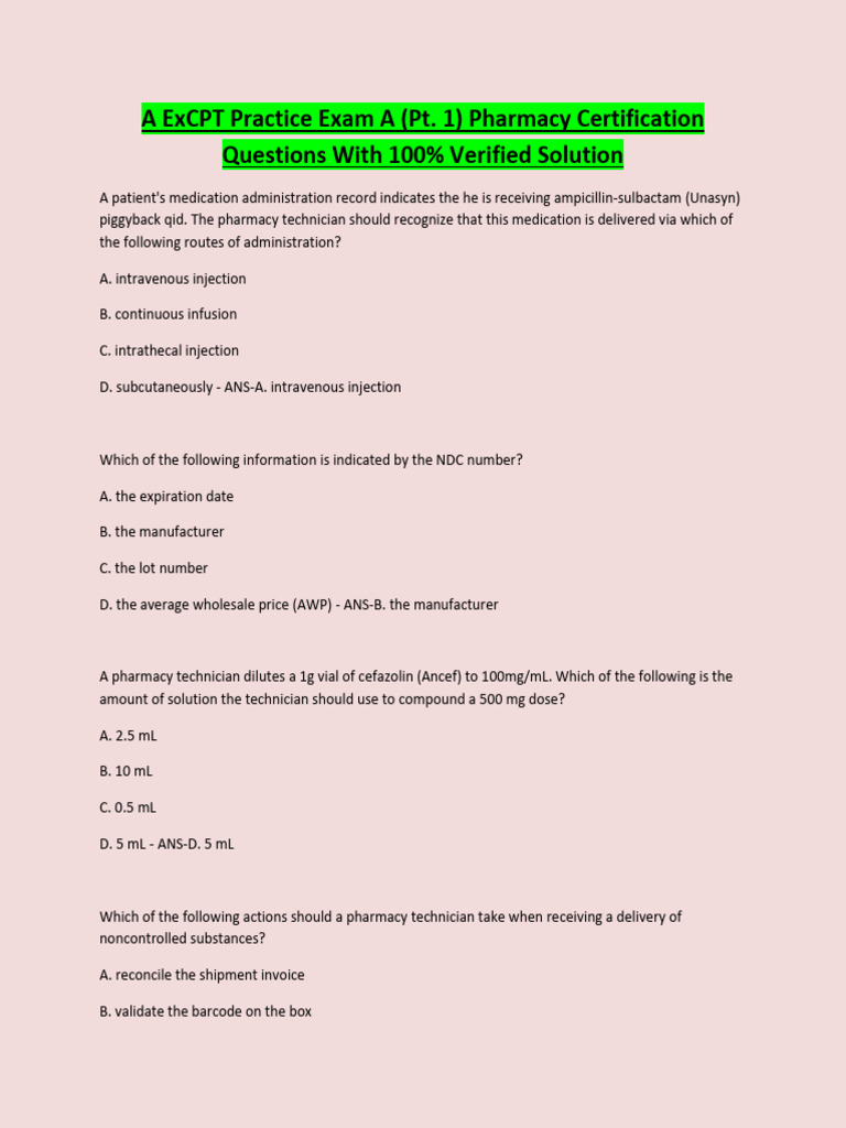 A ExCPT Practice Exam A (Pt. 1) Pharmacy Certification Questions With ...