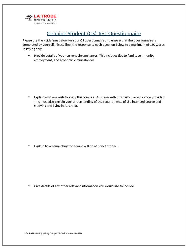 GS Test Questionnaire for La Trobe University | PDF | Career & Growth ...