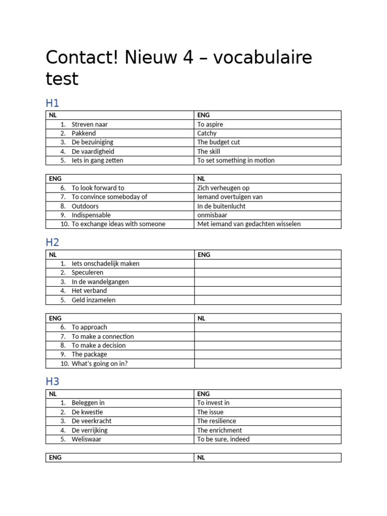 Contact! Nieuw 4 - Vocabulaire Test | PDF