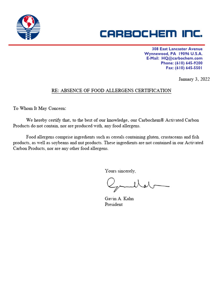 Absence of Food Allergens Certificate | PDF