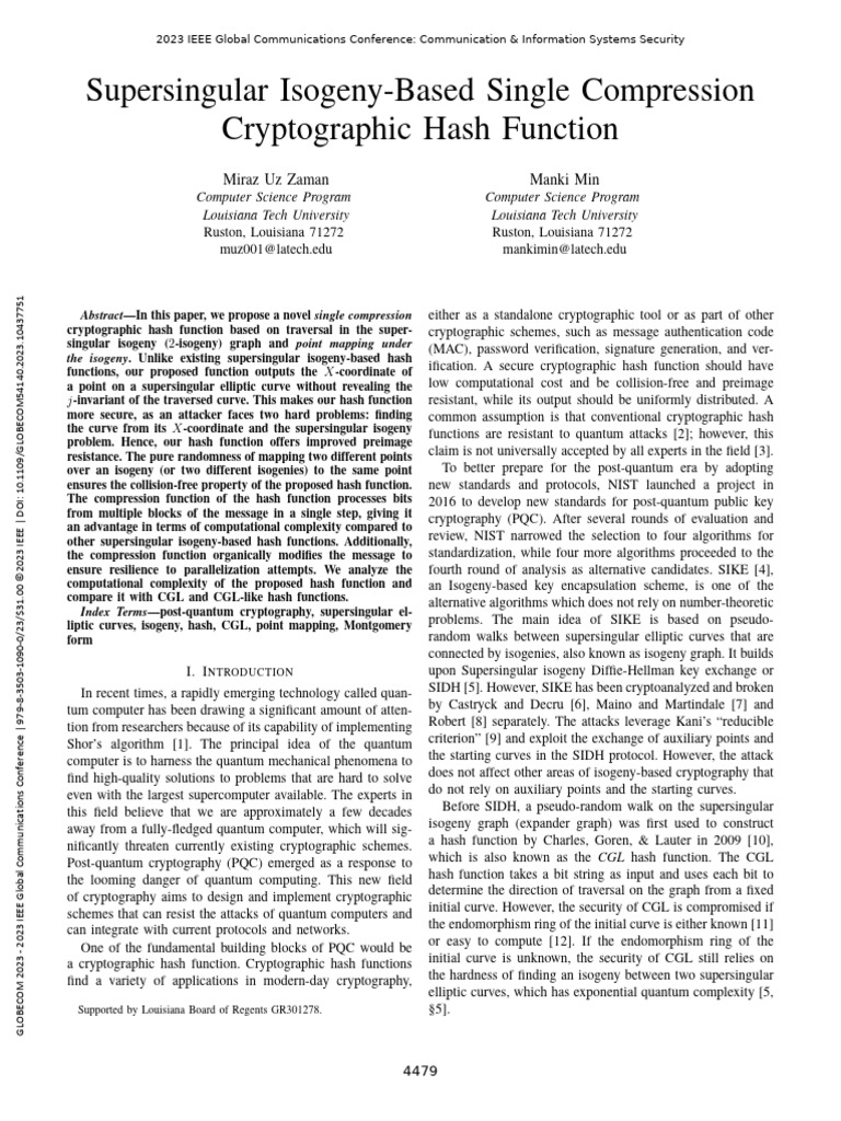Supersingular Isogeny-Based Single Compression Cryptographic Hash Function | PDF | Mathematics ...