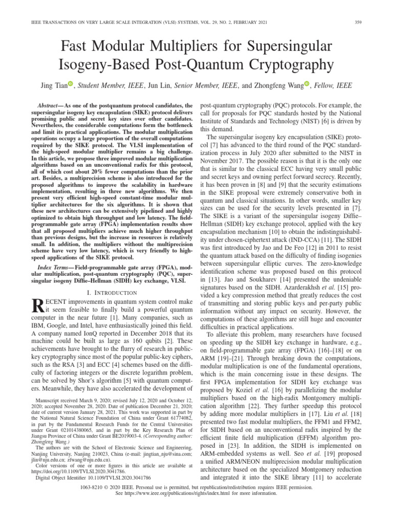 Fast Modular Multipliers For Supersingular Isogeny-Based Post-Quantum Cryptography | PDF ...