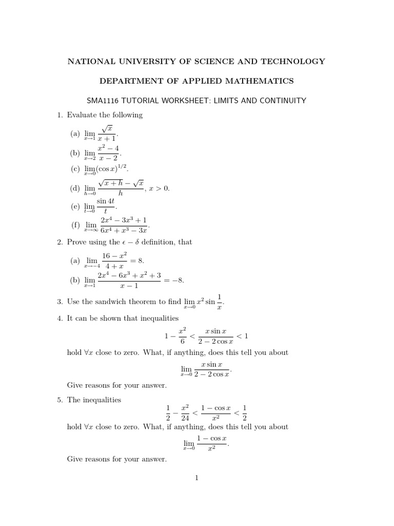 SMA1116 Tutorial Worksheet 1 | PDF | Mathematics | Mathematical Analysis