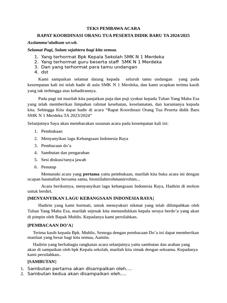 Teks MC Rapat Orang Tua | PDF