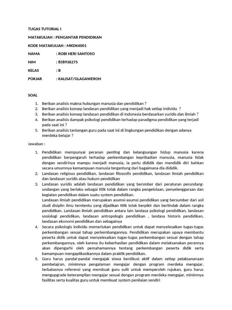 Tugas Tutorial I Pengantar Pendidikan - Robi Heri Santoso - Nim 858936275 | PDF